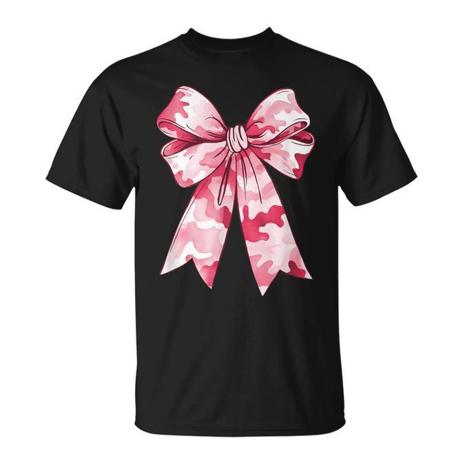 Pink Camo Bow Cute Preppy Or Girls Camouflage T-Shirt | Mazezy