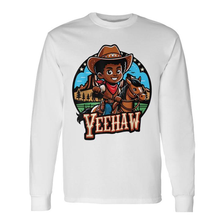 Yeehaw African American Kid Rodeo Cowboy Long Sleeve T-Shirt | Mazezy