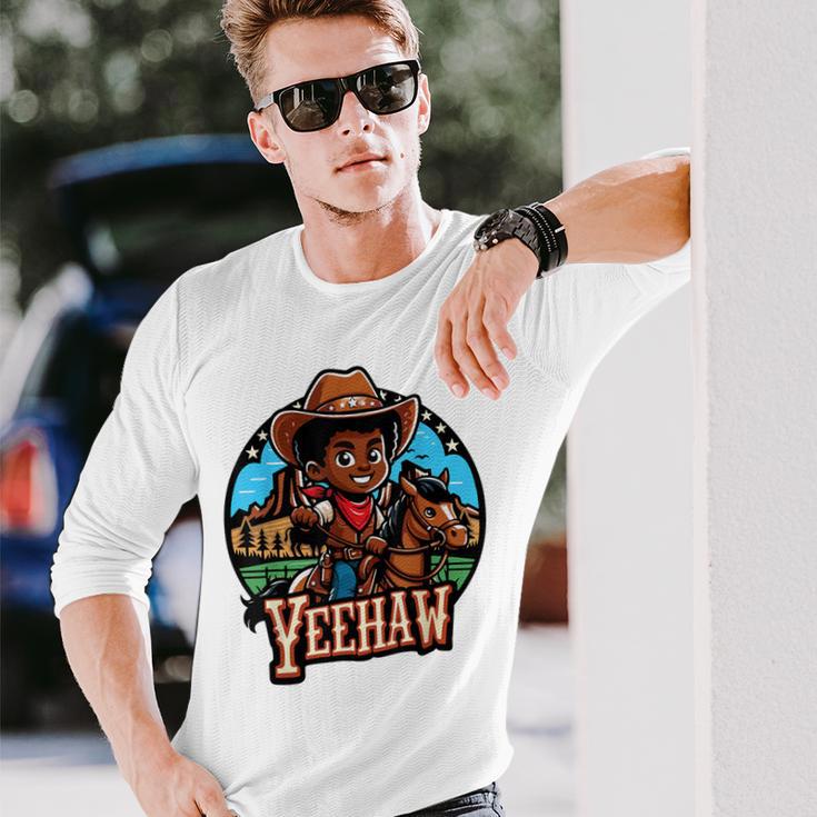 Yeehaw African American Kid Rodeo Cowboy Long Sleeve T-Shirt | Mazezy