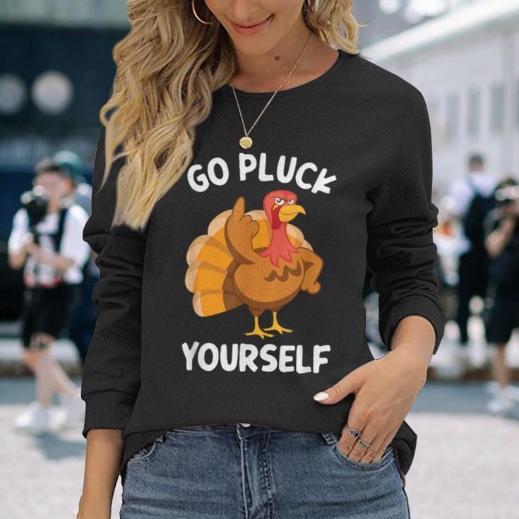 Go Pluck Yourself Flipping Bird Offensive Turkey Long Sleeve T-Shirt ...