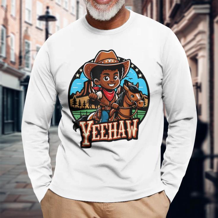 Yeehaw African American Kid Rodeo Cowboy Long Sleeve T-Shirt | Mazezy