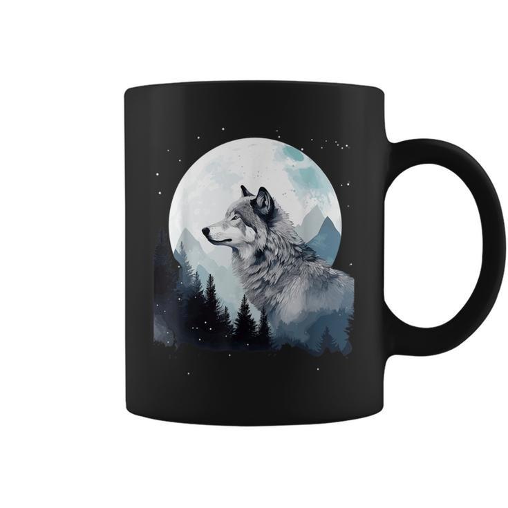 Arctic Grey Timber Wolf Under The Moon & Stars Coffee Mug - Monsterry AU