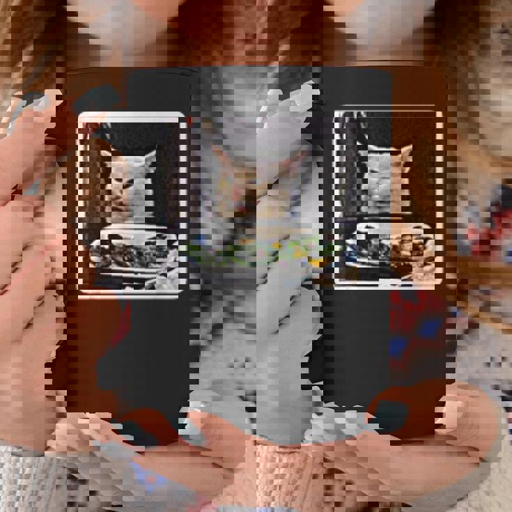 Confused Cat Meme Woman Yelling Eating Salad Coffee Mug - Monsterry