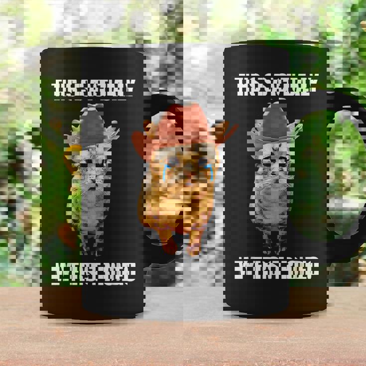 This Is Actually My First Rodeo Cowboy Cat Meme Coffee Mug - Monsterry