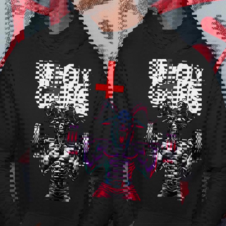 Unholy Gains Satanic Workout Devil Worship Goat Deadlift Gym Hoodie ...