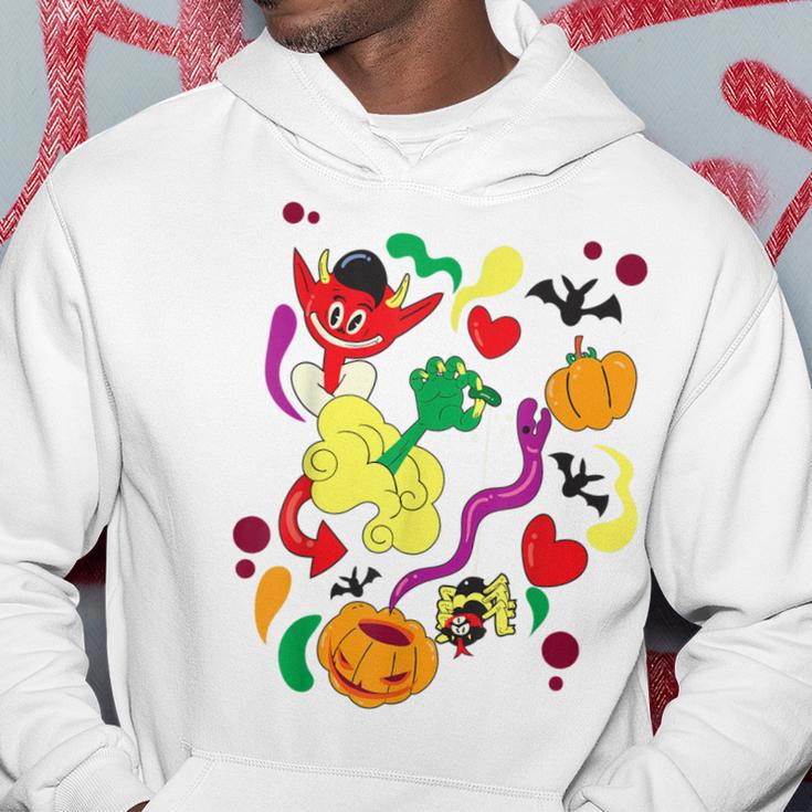 Trippy Whimsical Halloween Scene Pumpkin Snake Spider Hoodie - Monsterry