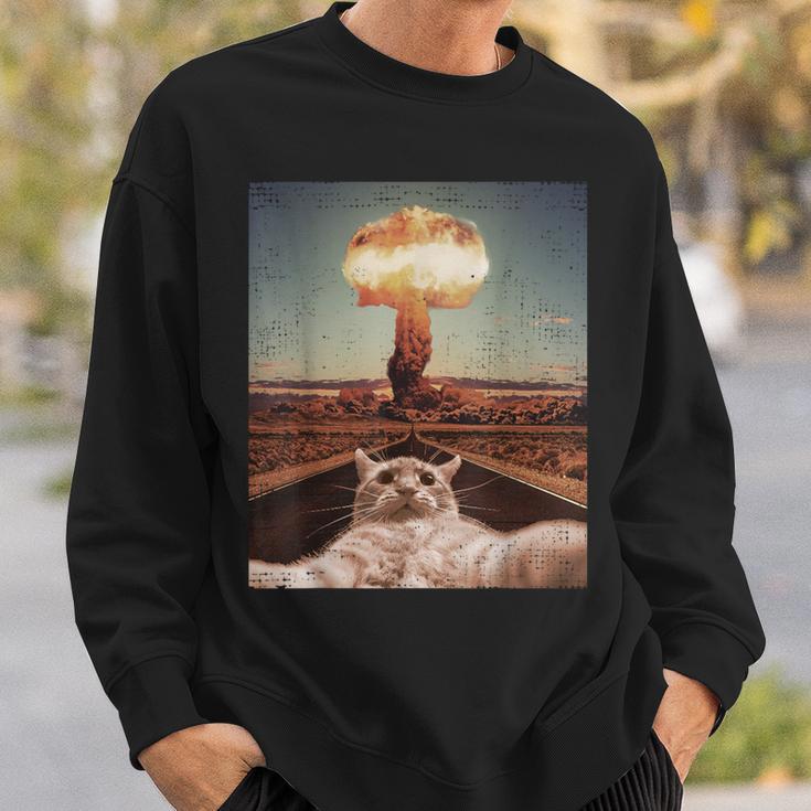 Cat Meme Cat Selfie With Nuclear Explosion Atom Bomb Sweatshirt - Monsterry