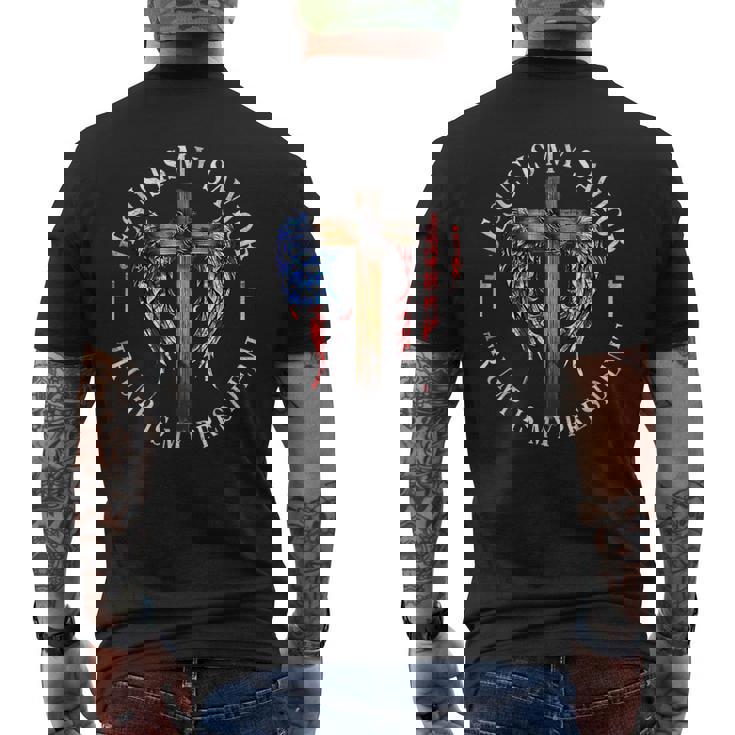 Jesus Is My Savior Trump Is My President 2024 Usa Flag Cross Men's T-shirt Back Print - Seseable