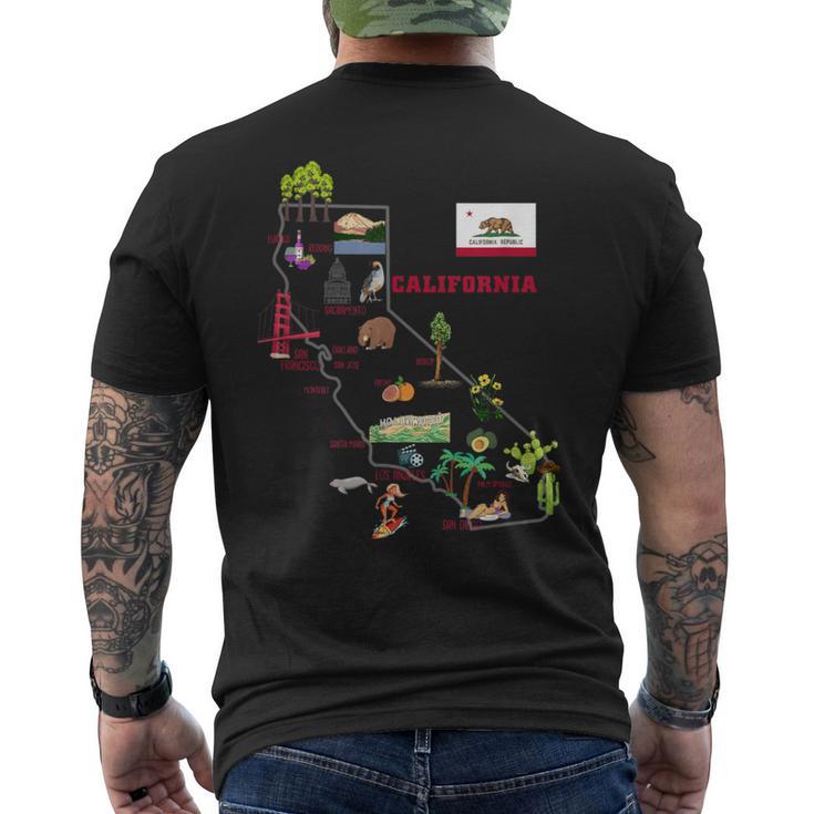 Map Of California Landmarks Major Cities Flag Men's T-shirt Back Print ...