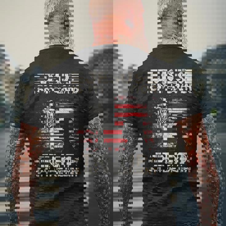 Jesus Is My Savior Trump Is My President 2024 Usa Flag Cross Men's T-shirt Back Print | Mazezy UK