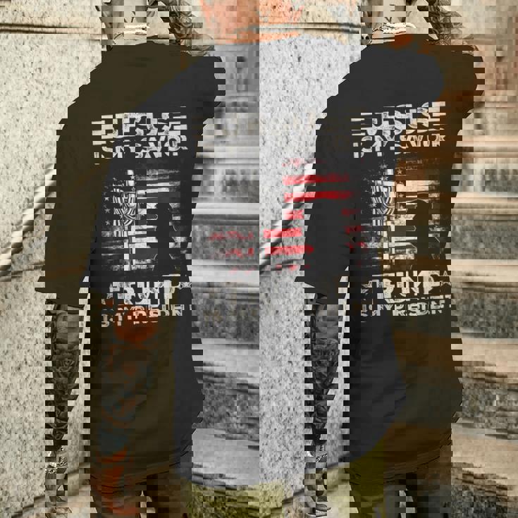 Jesus Is My Savior Trump Is My President 2024 Usa Flag Cross Men's T-shirt Back Print | Mazezy UK