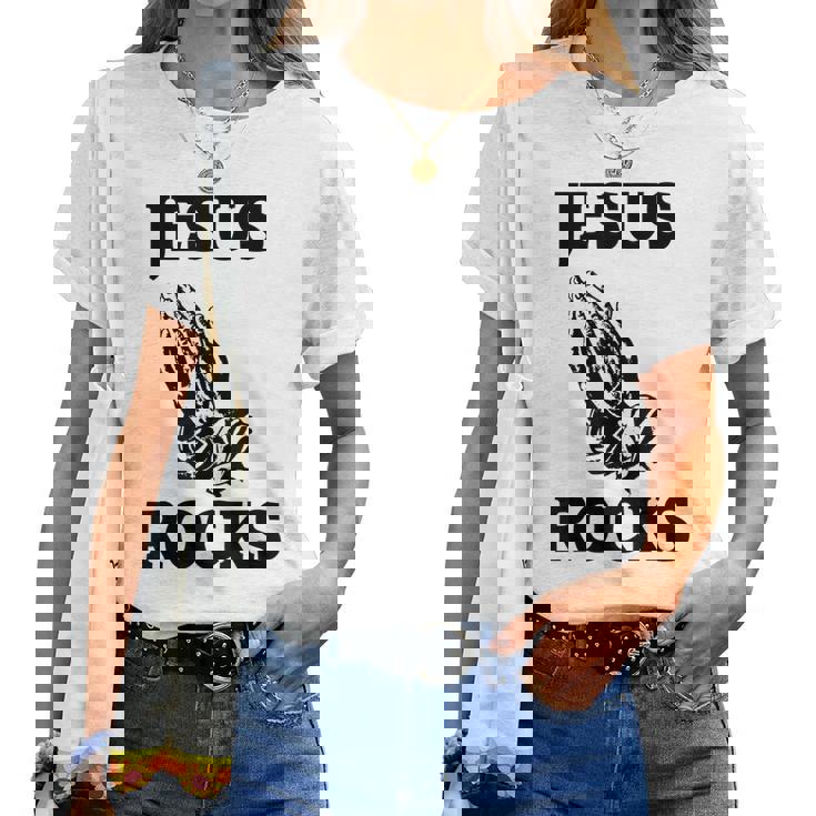 Jesus Rocks Praying Hands Messiah Protestant Women Women T-shirt ...