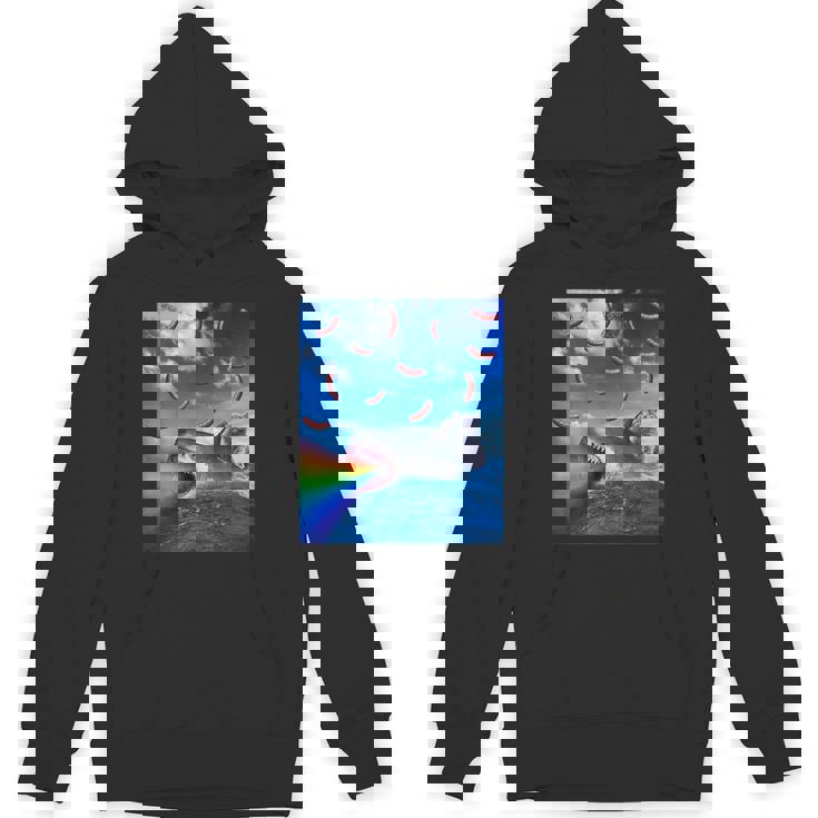 Cat Riding Rainbow Breathing Shark With Hot Dogs Unisex Hoodie - Monsterry