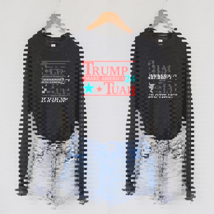 Trump Hawk Tuah Viral Humor Meme Video Girl 24 Tua Sponge Fleece Raglan ...