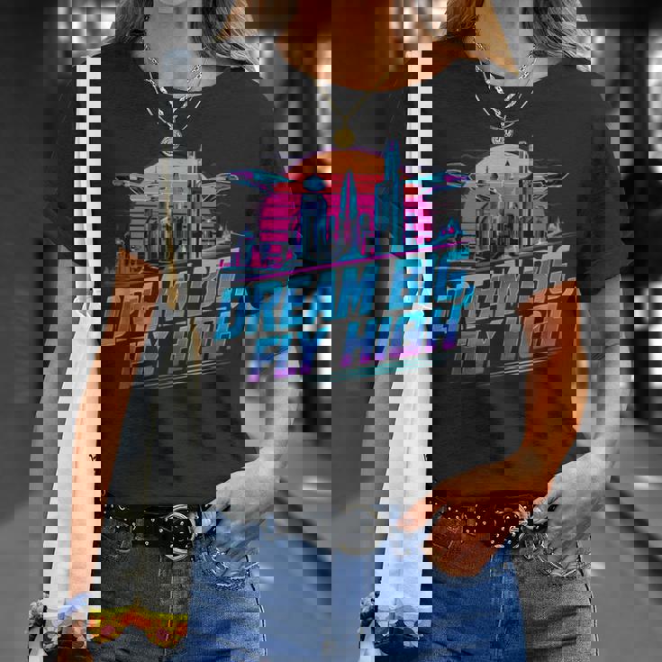 Dream Big Fly High Retro Futuristic Cityscape 1980S 80S T-Shirt - Monsterry