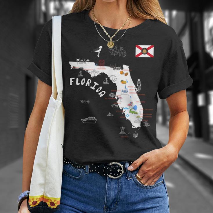 Florida State Map Tourist Attractions Cities Flag T-Shirt - Monsterry