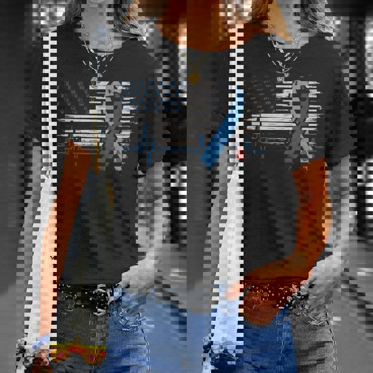 T1 Diabetes Awareness Diabetes Symbol Usa Flag Blue Ribbon T-Shirt | Mazezy