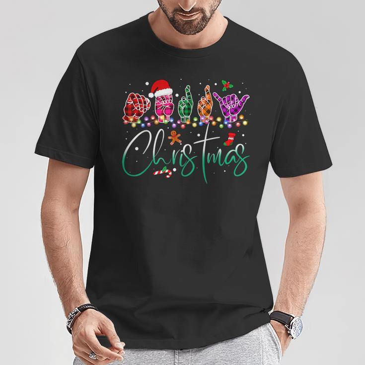 ASL Christmas Buffalo Plaid Teacher American Sign Language T-Shirt ...
