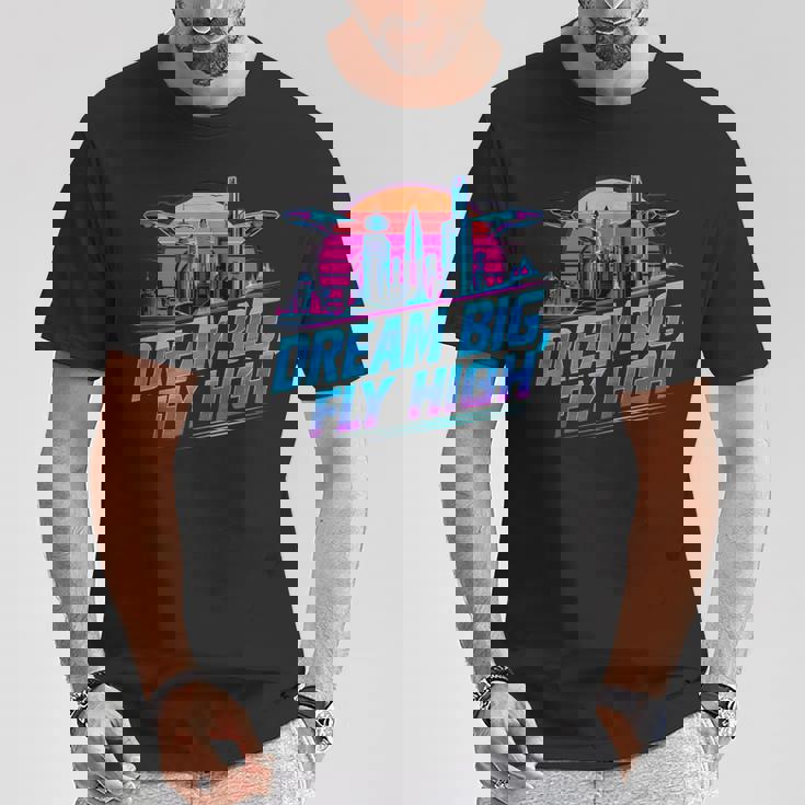 Dream Big Fly High Retro Futuristic Cityscape 1980S 80S T-Shirt - Monsterry