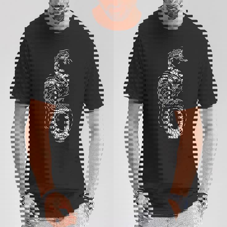 Snake X Serpent X Black Snake X Coil Blackwork T-Shirt | Mazezy