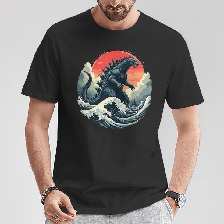 Vintage Japanese Kaiju Monster The Great Wave Off Kanagawa T-Shirt | Mazezy