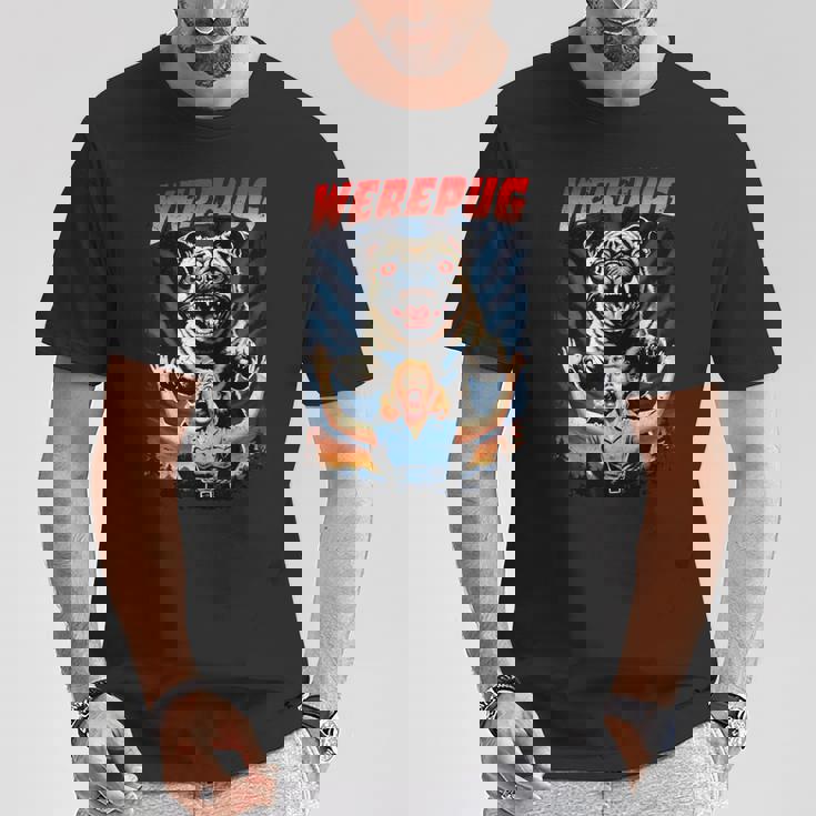 Werepug Retro Vintage B-Movie 80'S Horror Werewolf Dog Pug T-Shirt ...