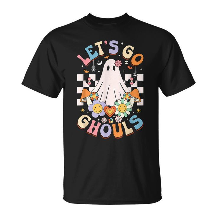 Let's Go Ghouls Halloween Ghost Outfit Costume Retro Groovy T-Shirt ...