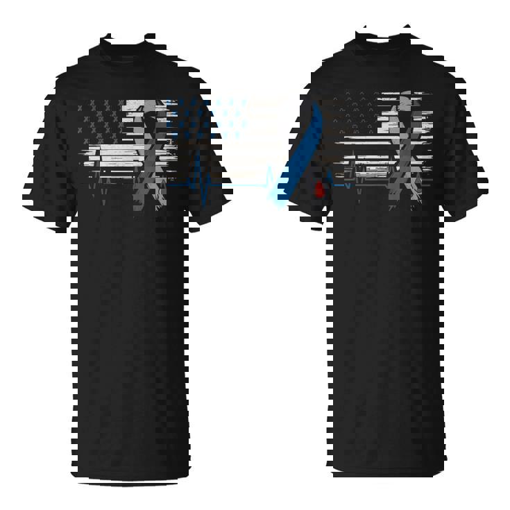 T1 Diabetes Awareness Diabetes Symbol Usa Flag Blue Ribbon T-Shirt | Mazezy