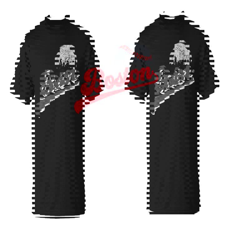 Vintage Boston Skyline Retro Gameday Baseball Men's T-shirt Back Print | Mazezy