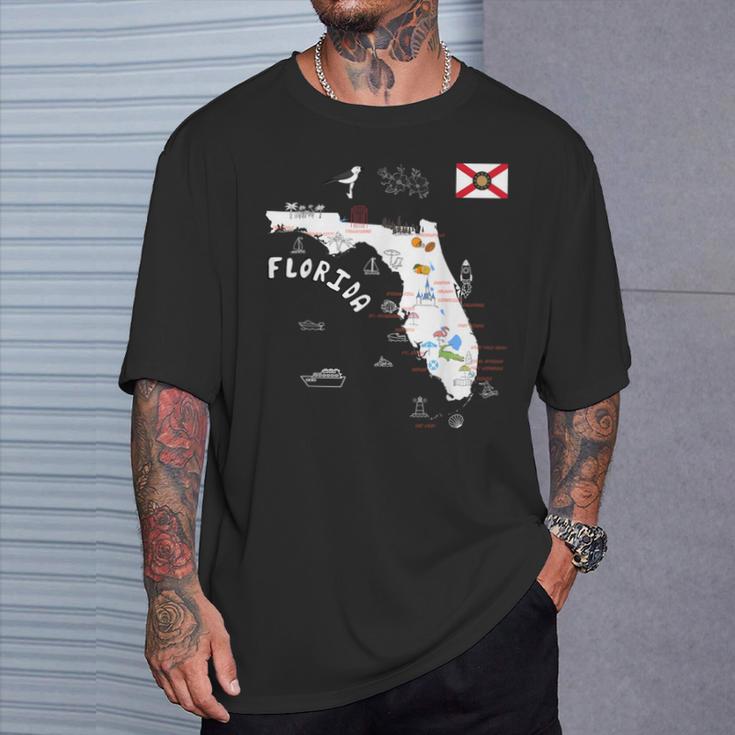 Florida State Map Tourist Attractions Cities Flag T-Shirt - Monsterry AU