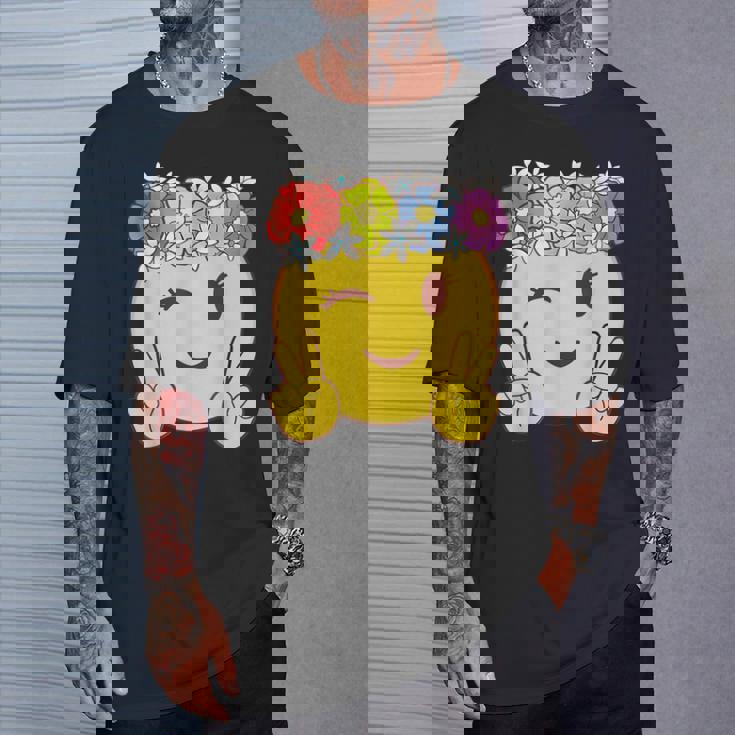 Peace Emoticon Winking Flower Crown T-Shirt - Monsterry