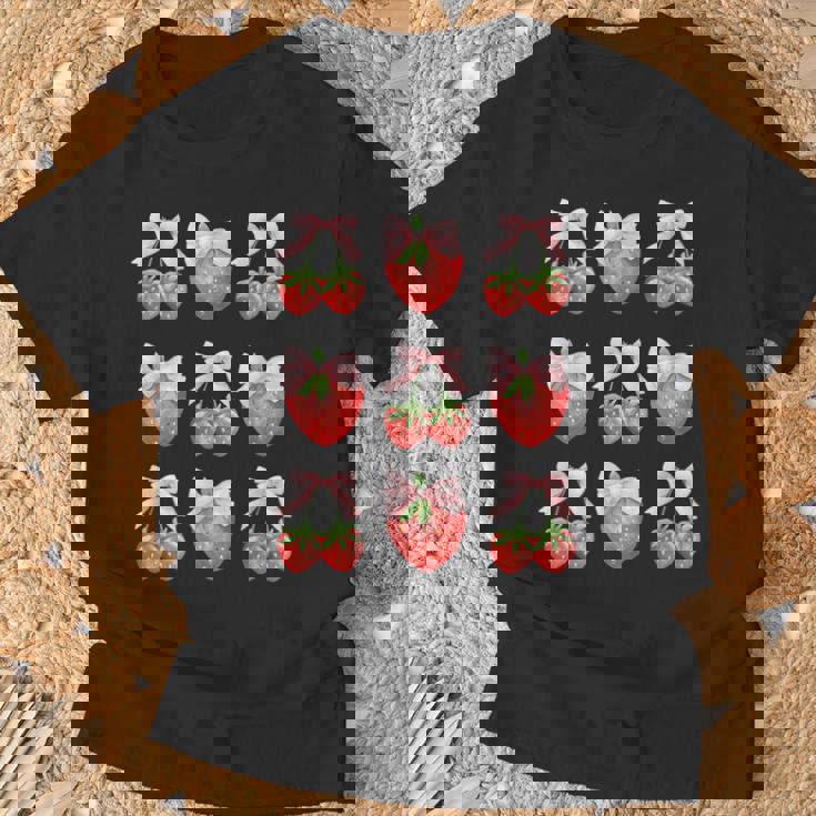 Cute Pink Bow Coquette Strawberry Clean Girl Aesthetic T-Shirt - Monsterry