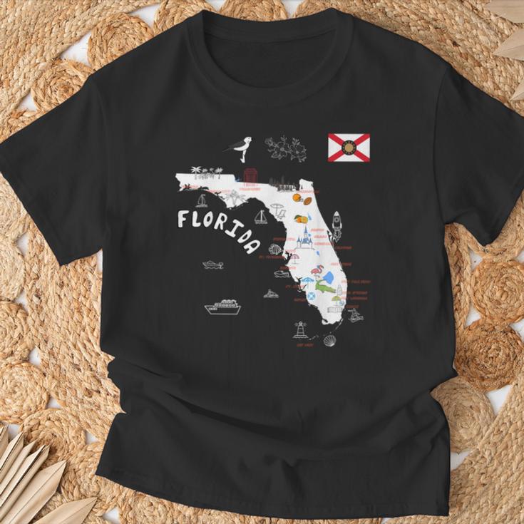 Florida State Map Tourist Attractions Cities Flag T-Shirt - Monsterry