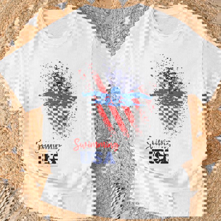 Swimming Support Team Flag Usa Pool Swimmer American Swim T-Shirt | Mazezy